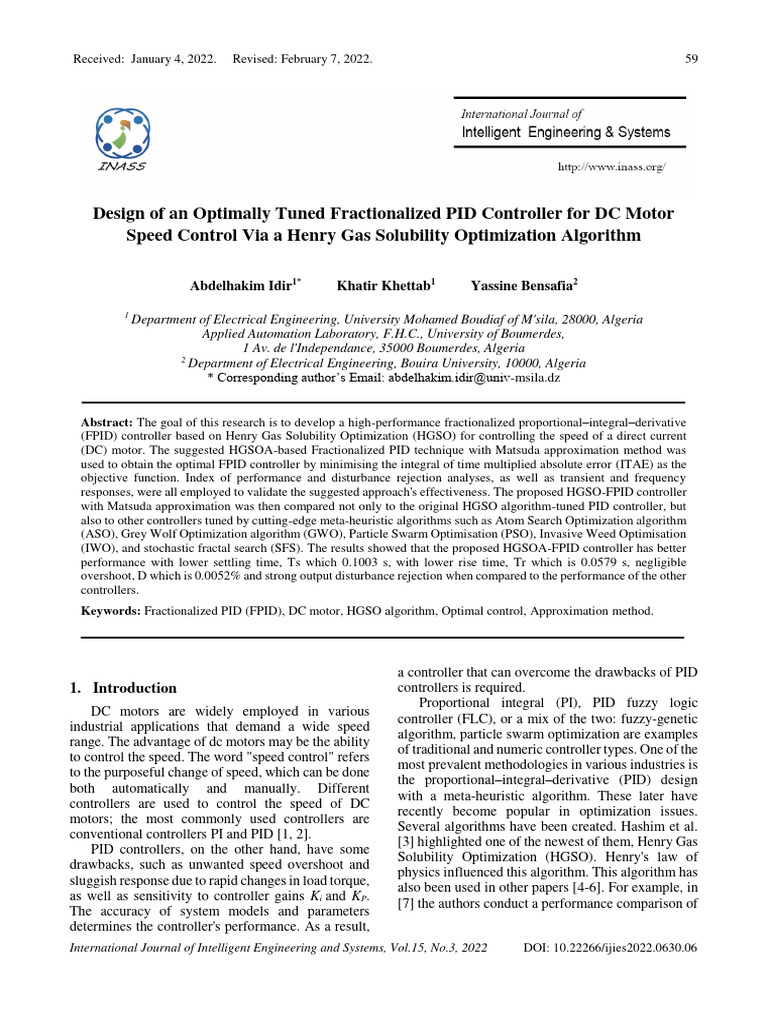 Design of An Optimally Tuned Fractionalized PID Controller For DC Motor Speed Control Via A ...