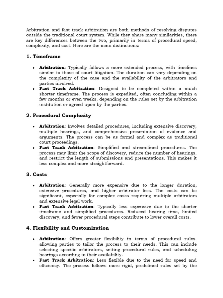 Arbitration Vs Fast Track Arbitration | PDF | Arbitration | Discovery (Law)