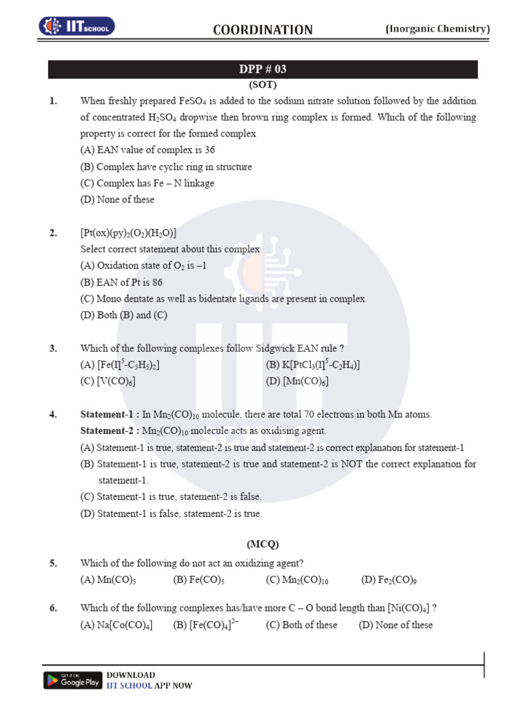DPP - 03 - Coordination Chemistry | PDF | Coordination Complex | Molecules