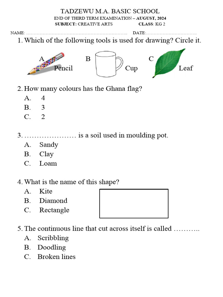 KG2 Creative Arts Exam Questions | PDF