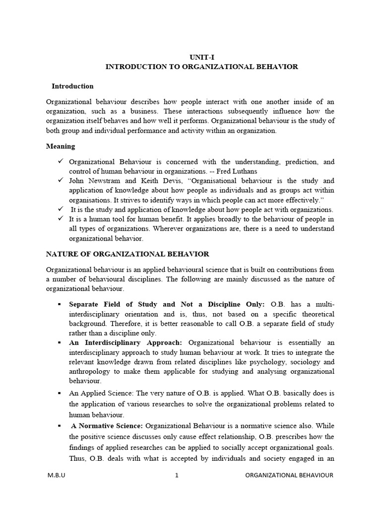 OB-Unit-I | PDF | Organizational Behavior | Motivational