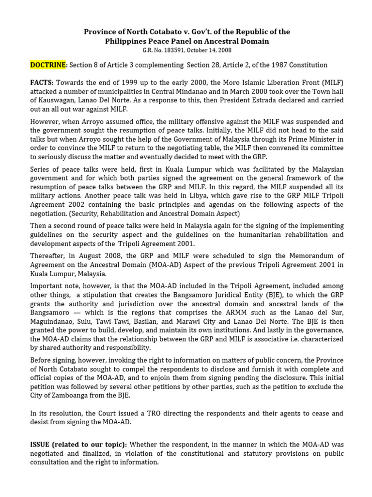 Province of North Cotabato v. Gov't. of The RP Peace Panel | PDF ...
