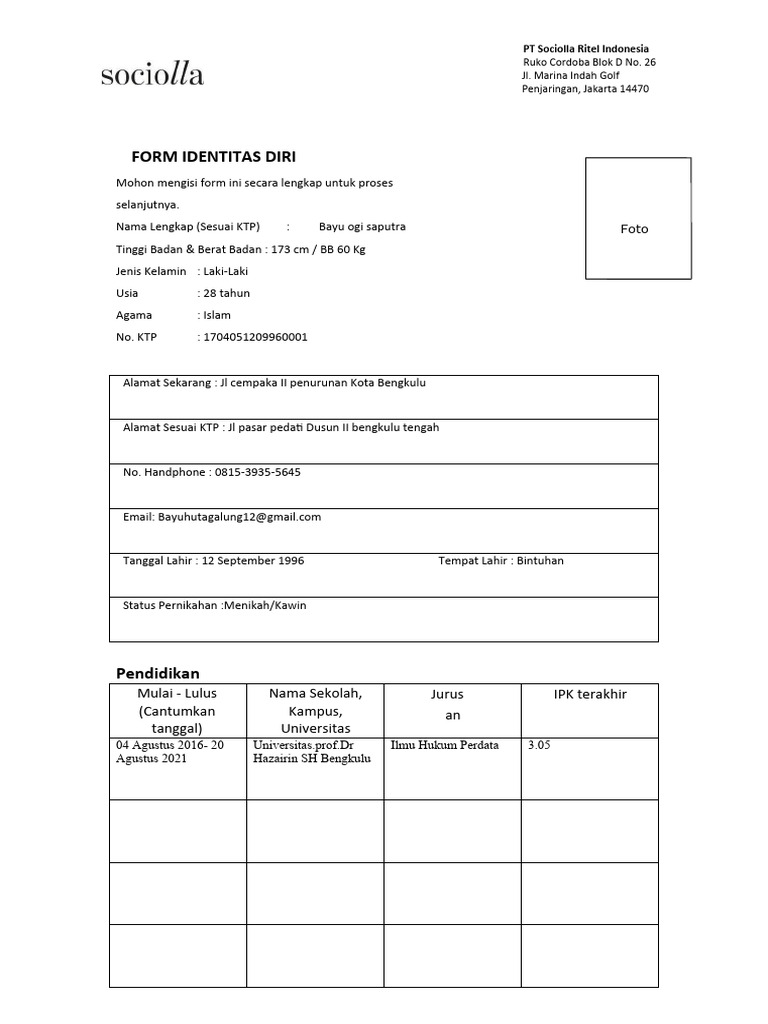 Personal Information Form SRI BAHASA - Offline Store | PDF