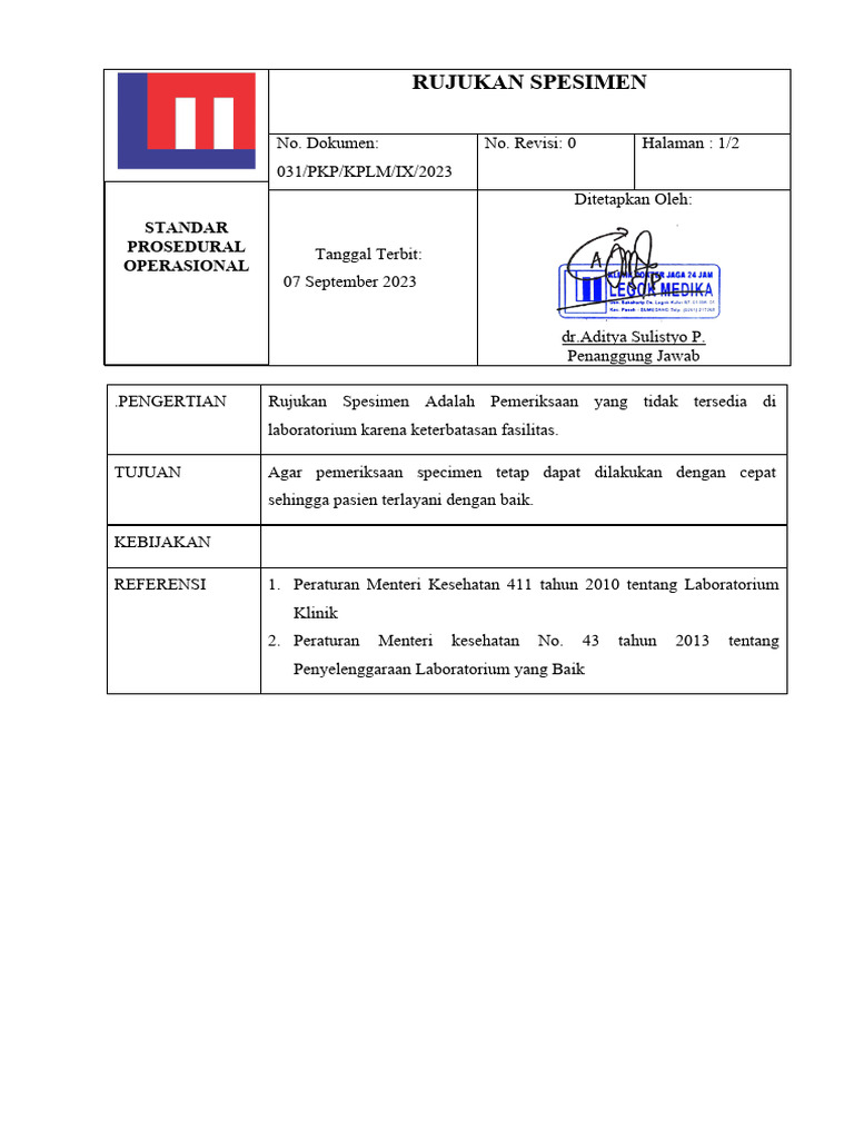 Sop Rujukan Spesimen | PDF
