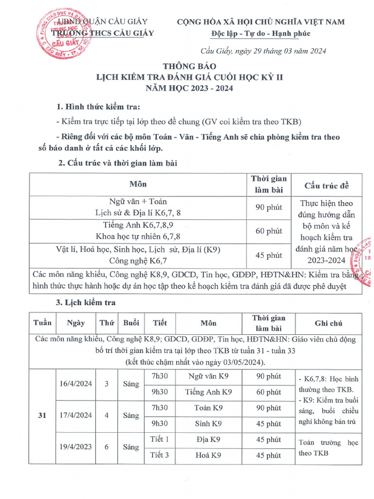 Hs - TB Lich Kiem Tra Cuoi Hkii | PDF
