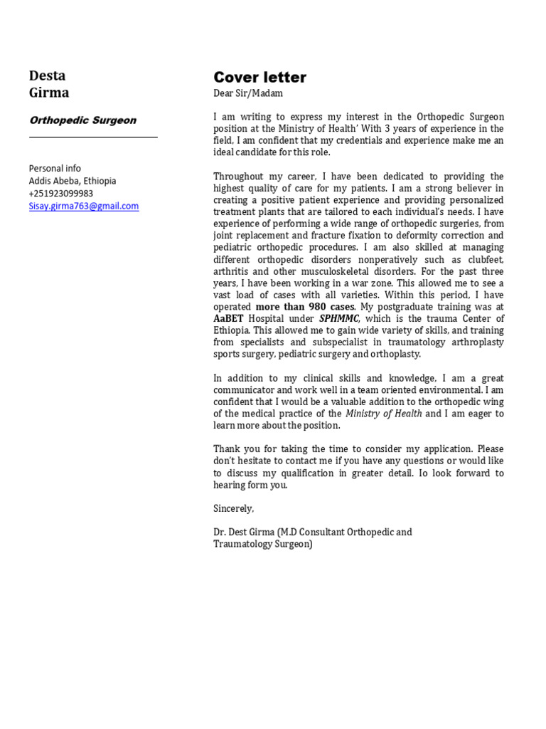 DR - Desta Cover Letter and CV | PDF | Orthopedic Surgery | Surgery