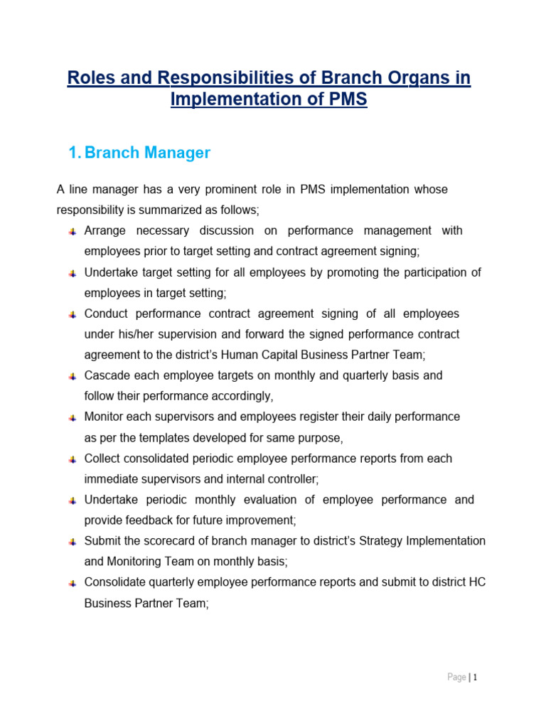 Roles and Responsibilities of Branch Organs in Implementation of PMS ...