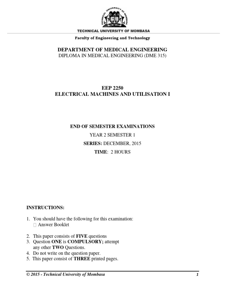 EEP2250 - Electrical Machines and Utilisation I - Supp | PDF | Electric Motor | Transformer