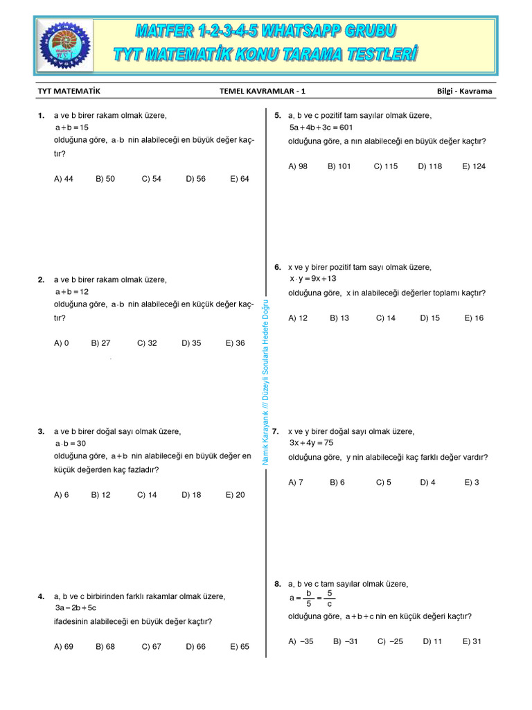 Tyt Matematik Temel Kavramlar Test 1 Ve Cevap Anahtari | PDF