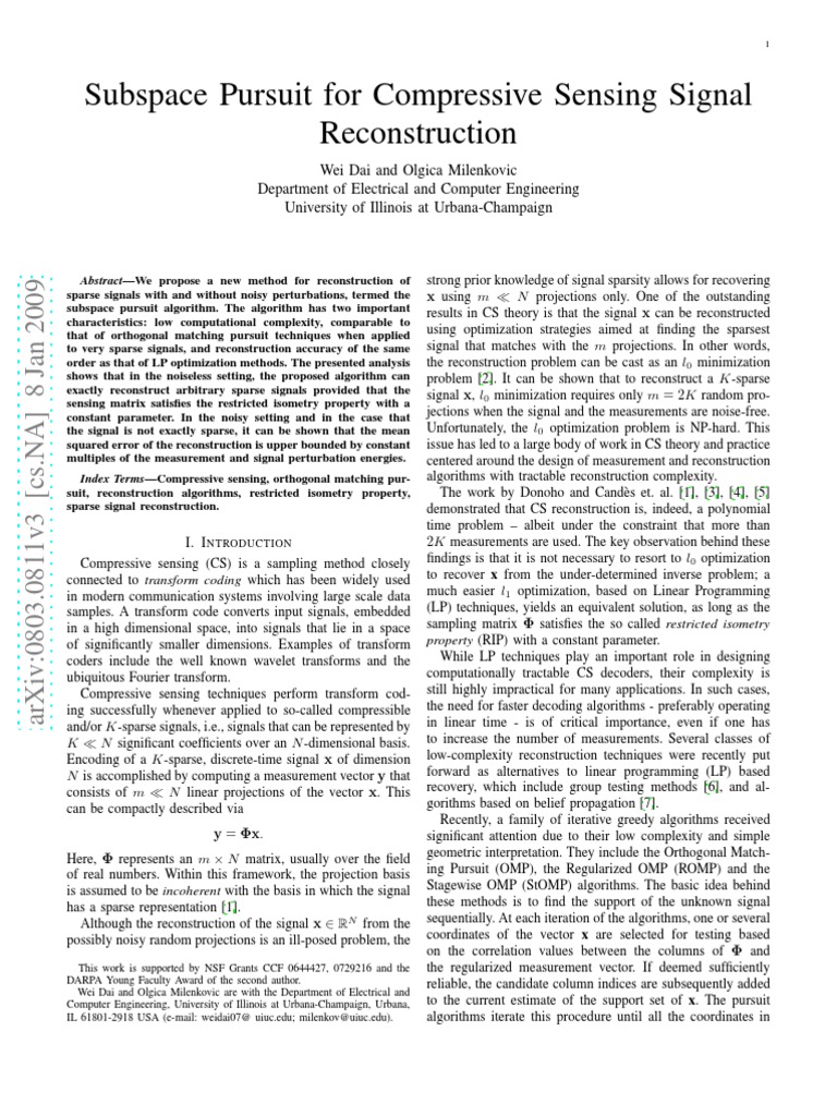 Subspace Pursuit For Compressive Sensing Signal Reconstruction Pdf Linear Subspace Matrix