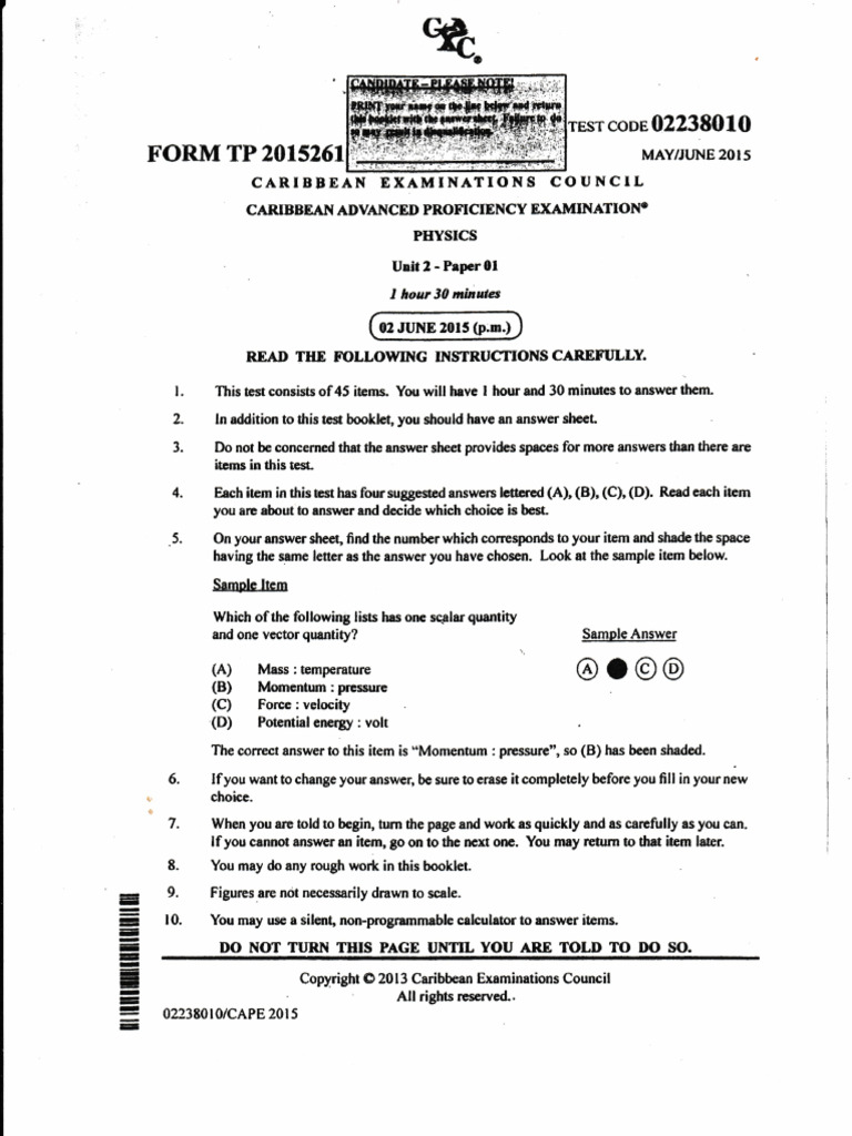 Cape Physics U2 P1 May-June 2015 With Answers | PDF