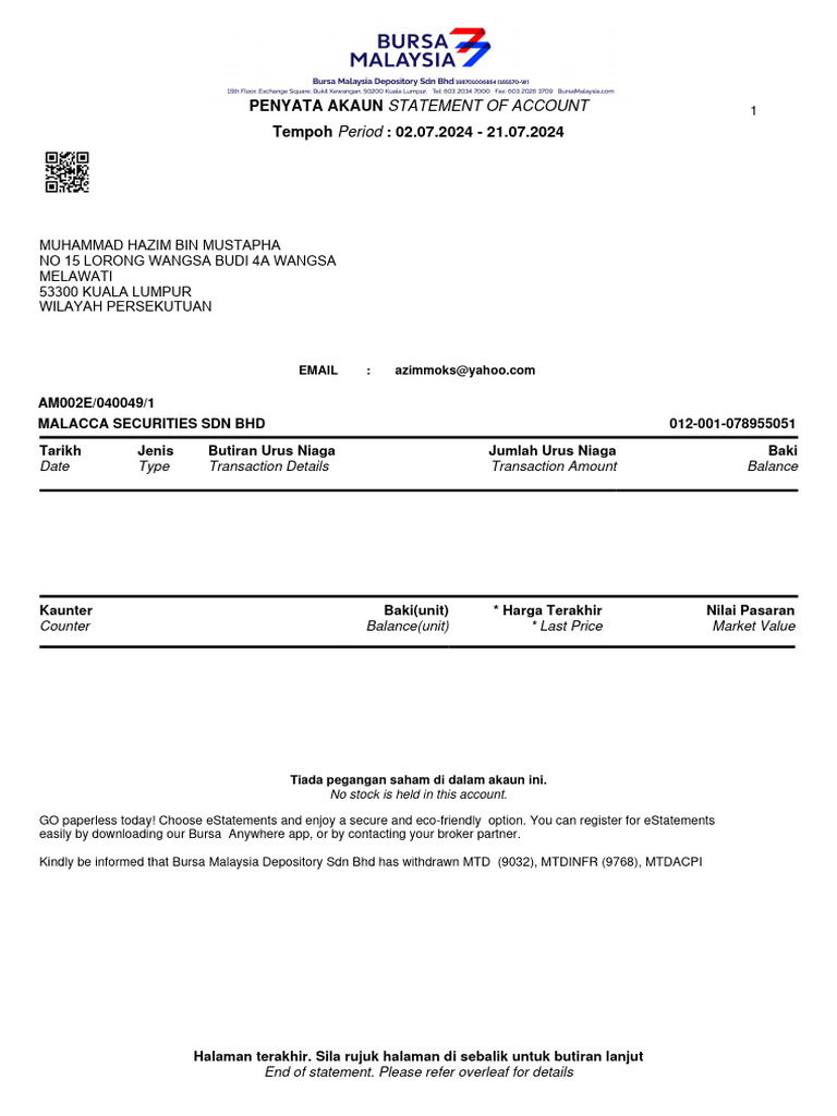 Penyata Akaun Statement of Account Tempoh Period: 02.07.2024 - 21.07.2024 | PDF | Stock Market ...
