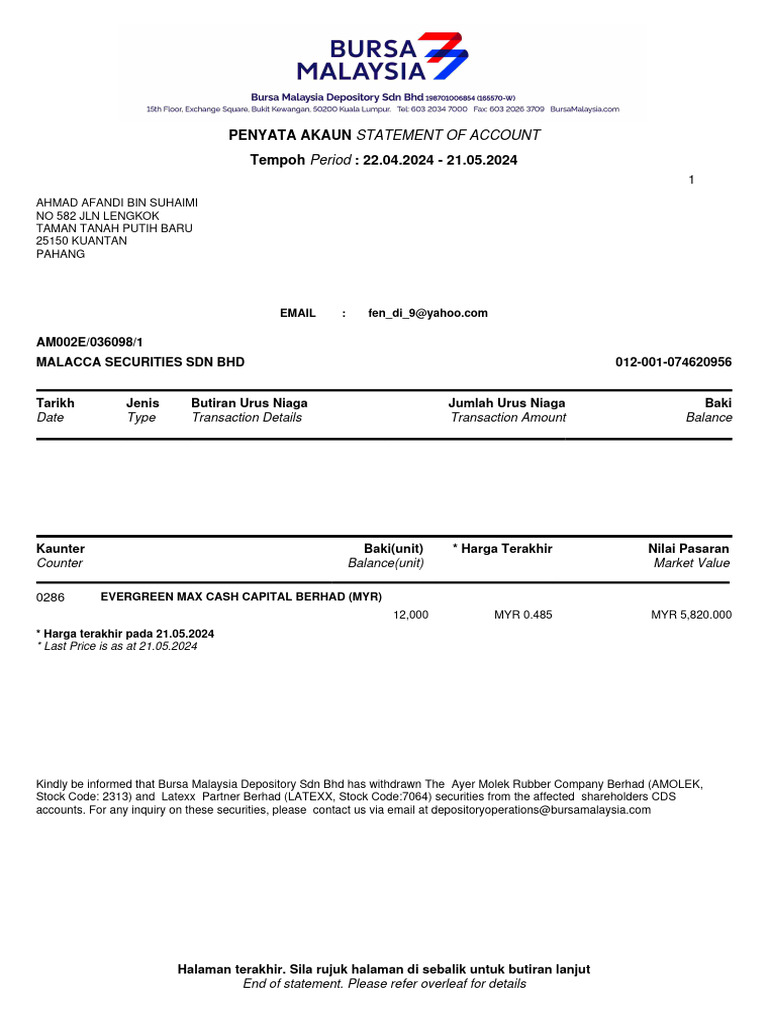 Statement of Account for Malacca Securities | PDF | Corporations ...