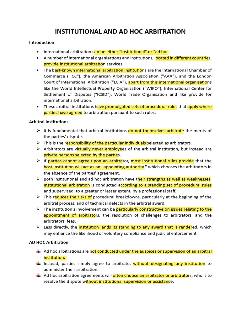 Institutional and Ad Hoc Arbitration | PDF | Arbitration | Civil Law ...