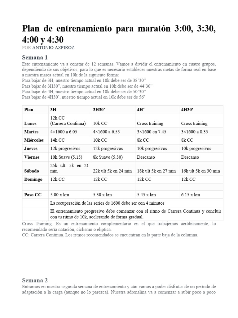 Plan de Entrenamiento Maratón 42K 12 Semanas | PDF | Carreras ...