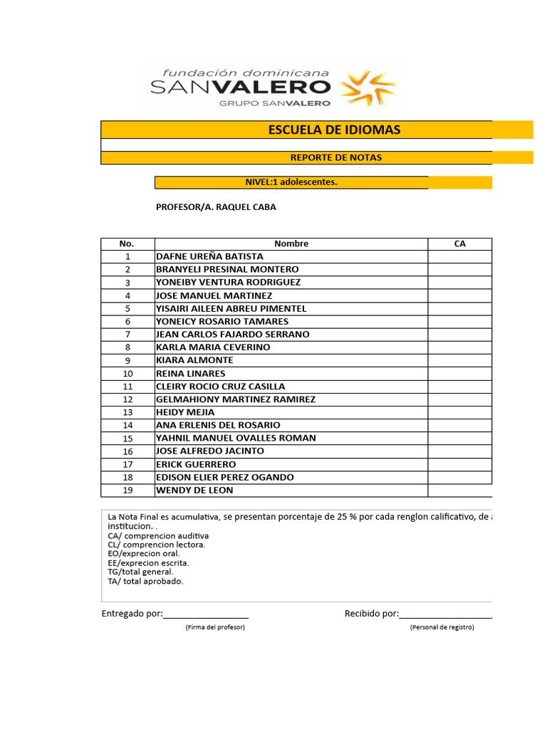 Reporte de Notas Escuela de Idiomas | PDF