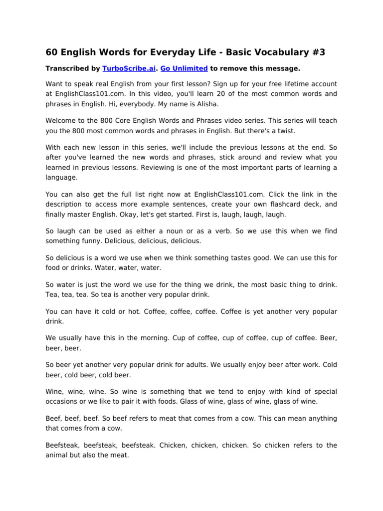 60 English Words For Everyday Life - Basic Vocabulary #3 | PDF | Meat ...