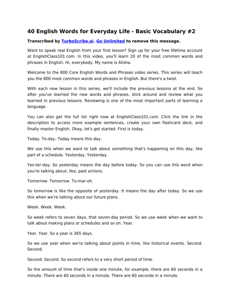 40 English Words For Everyday Life - Basic Vocabulary #2 | PDF | Clock ...