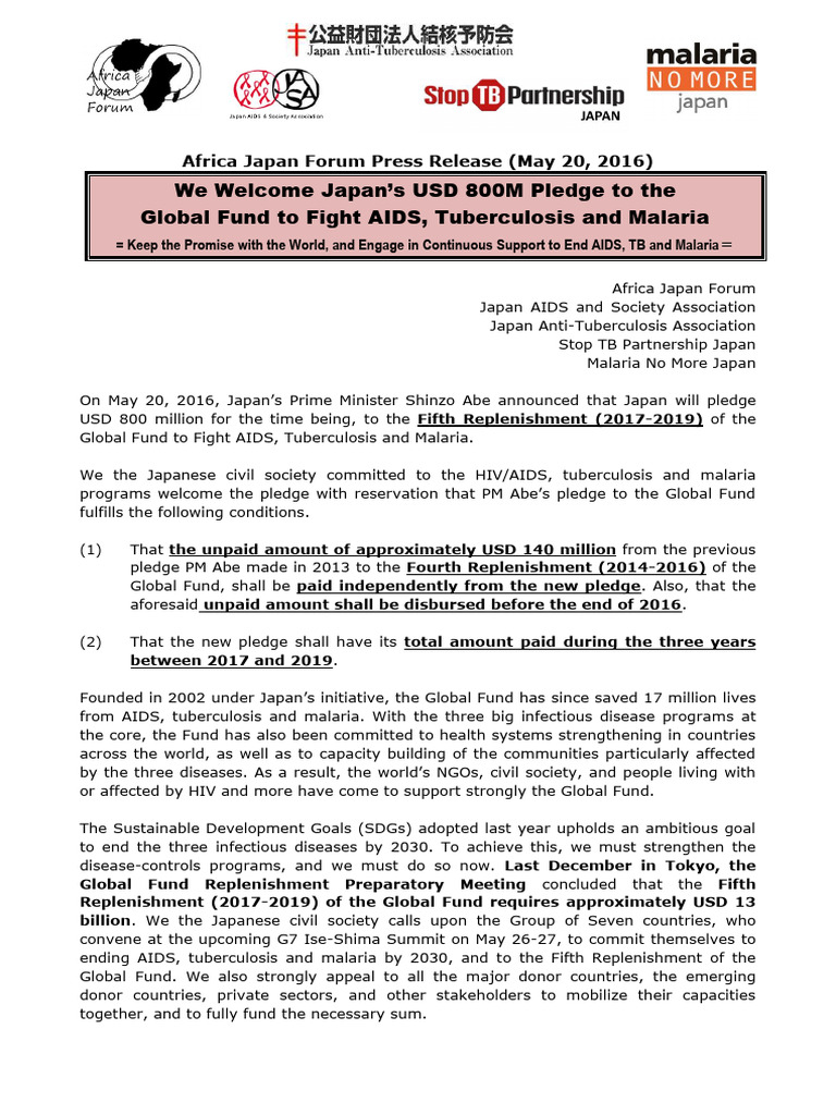 Release - Japan Pledge For Global Fund | PDF | Tuberculosis | Public Health