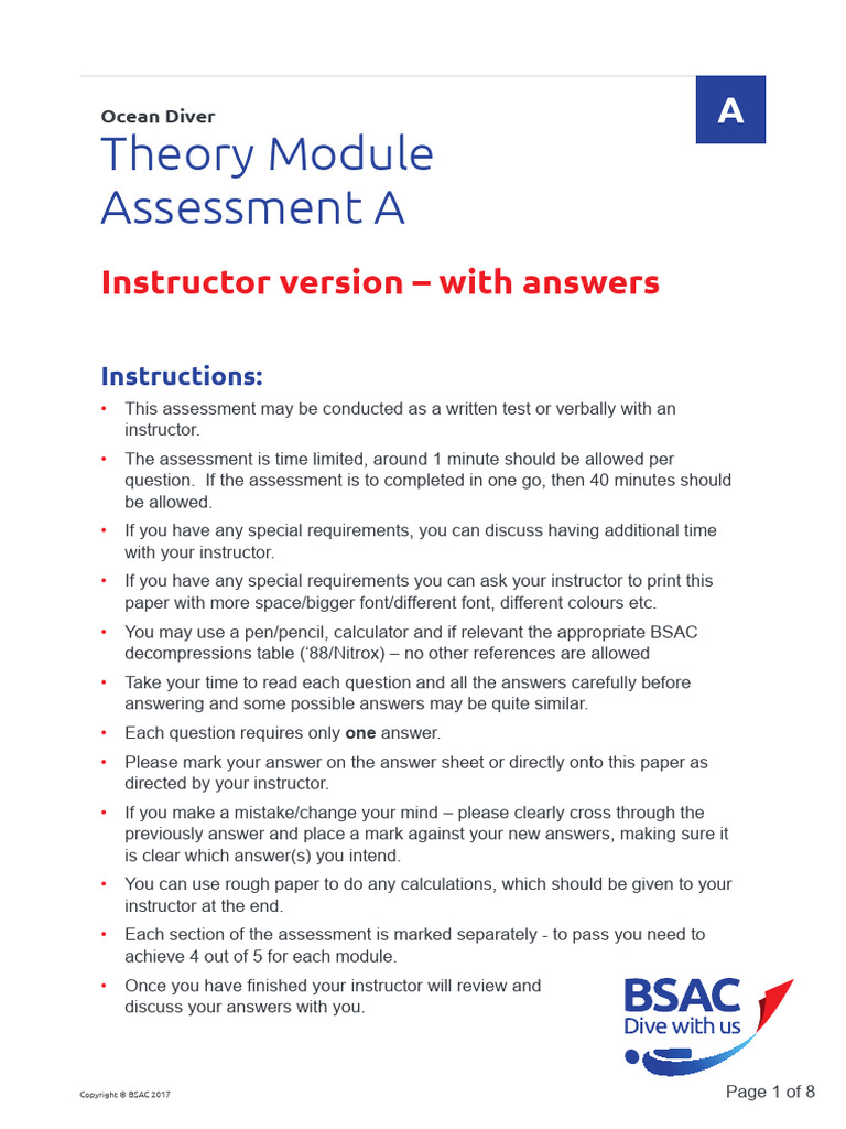 4theory Assessment A Instructor Version | PDF | Scuba Diving ...