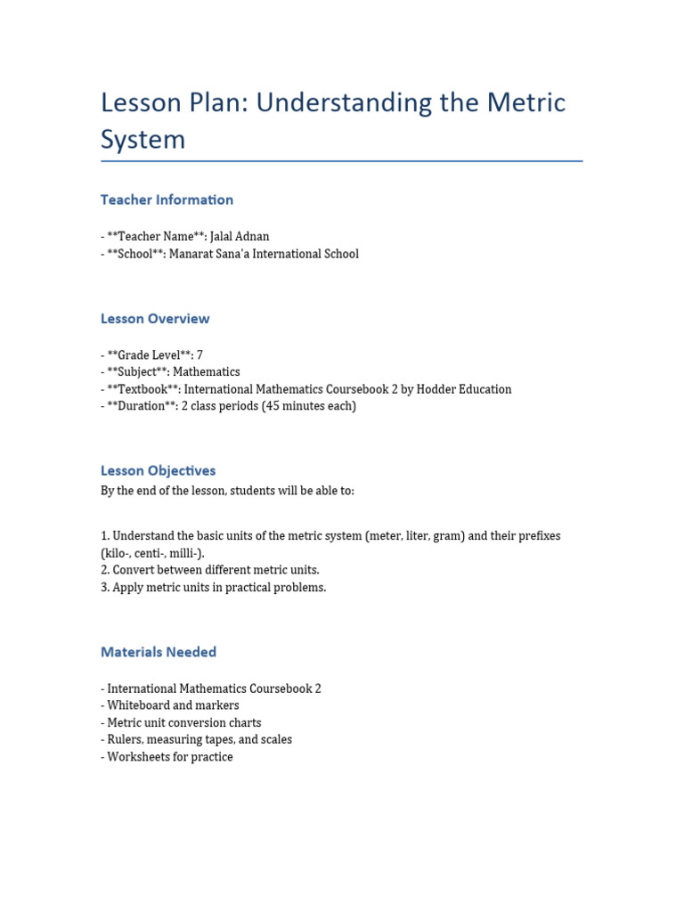 Metric System Lesson Plan Grade 7 With Teacher Info | PDF | Learning ...