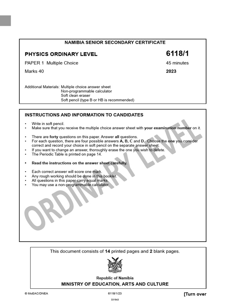 Namibia O Level Physics Exam Paper 2023 | PDF | Isotope | Electrical ...