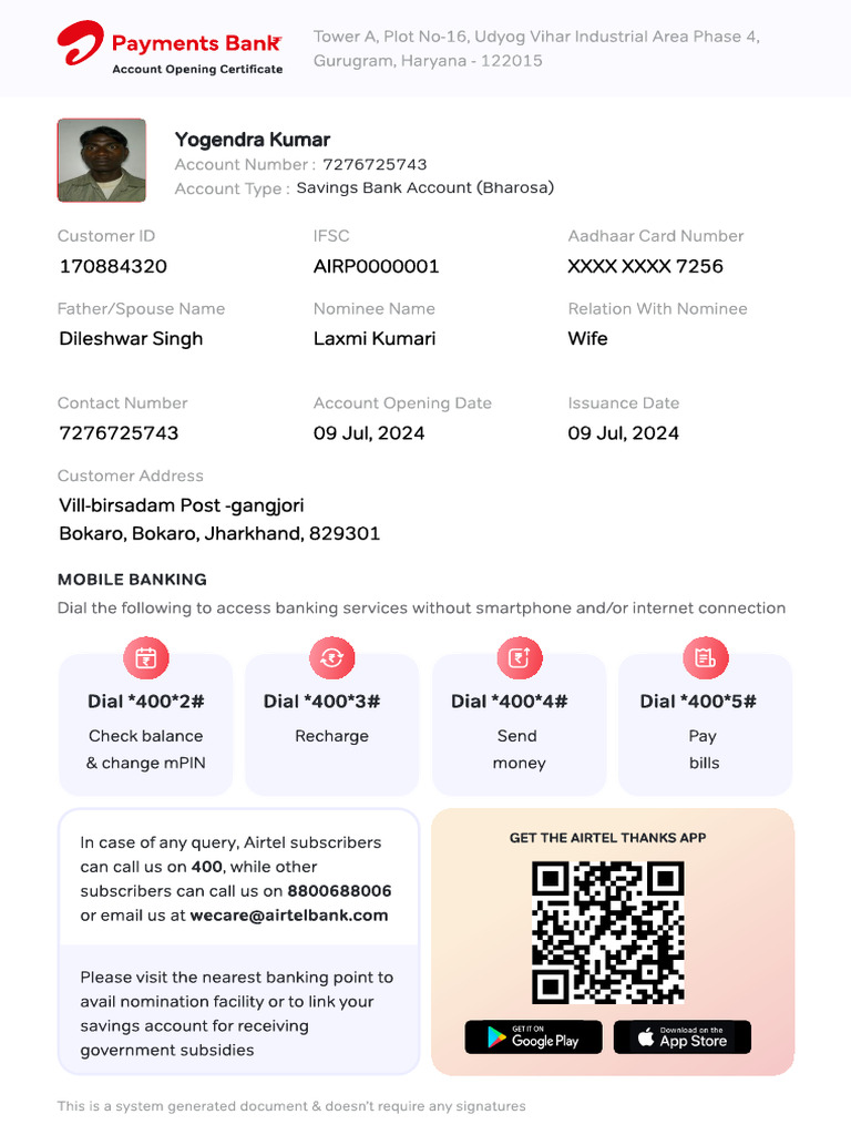 Yogendra Kumar: 7276725743 Savings Bank Account (Bharosa) | PDF | Finance & Money Management