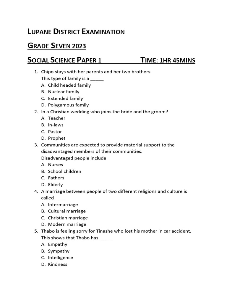 Social Sciences Grade 7 Paper 1 | PDF | Jesus | Marriage