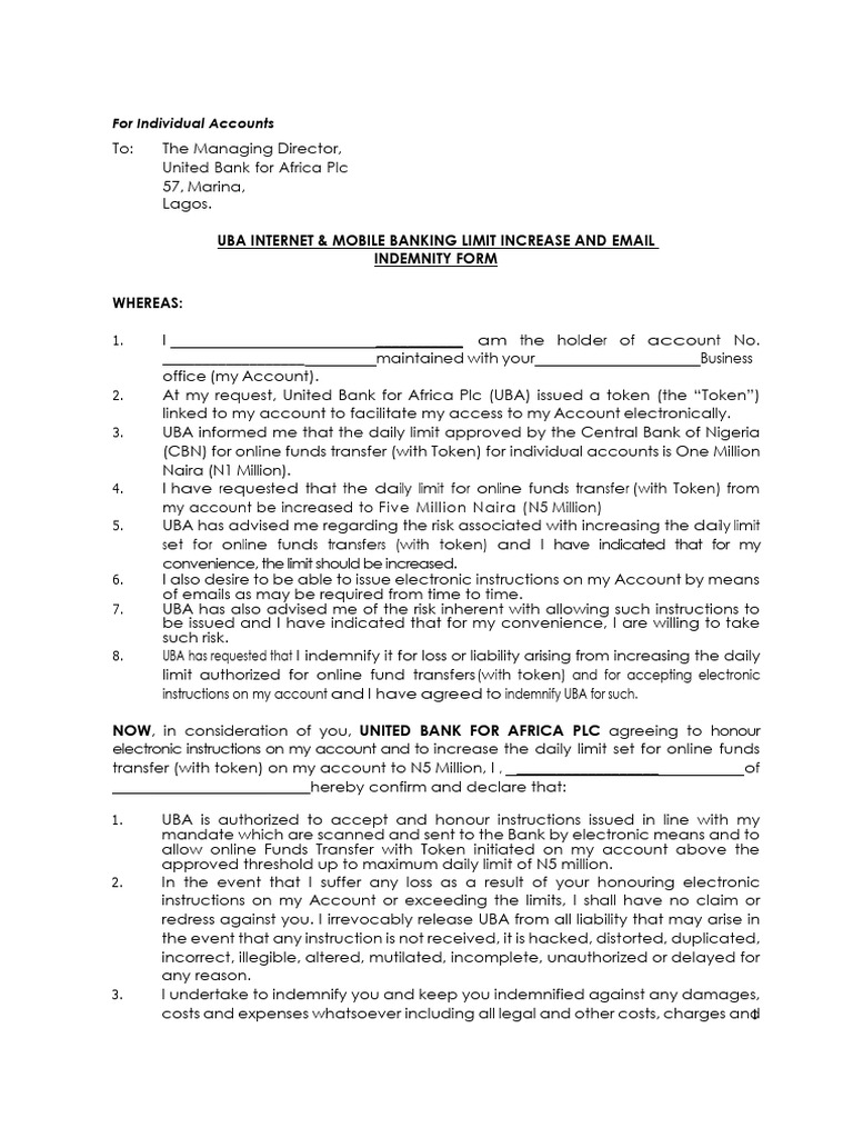 Limit Increase and Email Indemnity - Individual Accts | PDF | Indemnity ...
