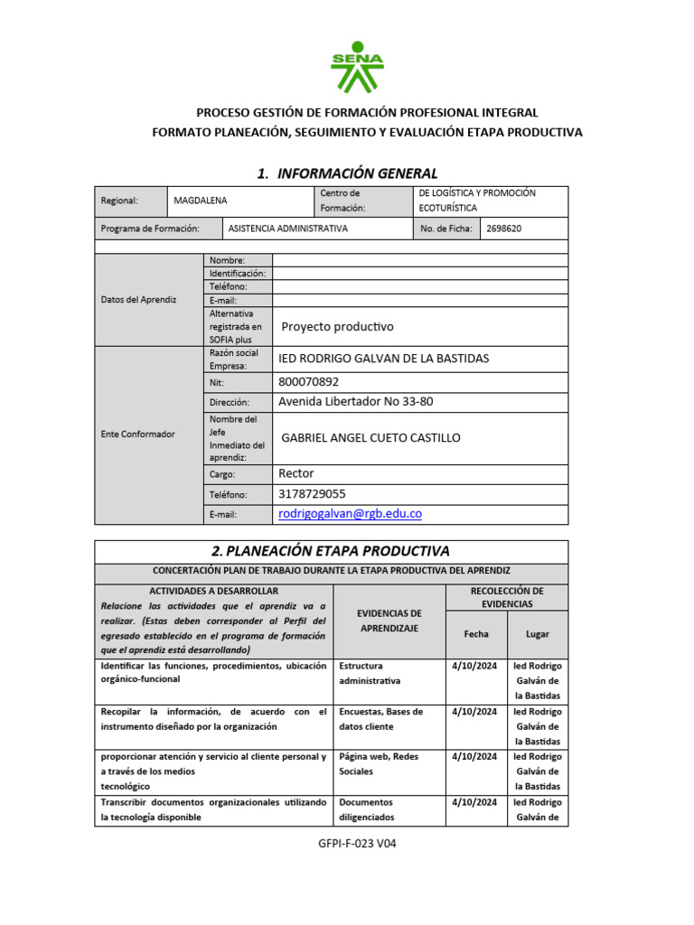 Formato Planeacion Seguimiento y Evaluacion Etapa Productiva | PDF Formato Planeacion Seguimiento y Evaluacion Etapa Productiva | PDF