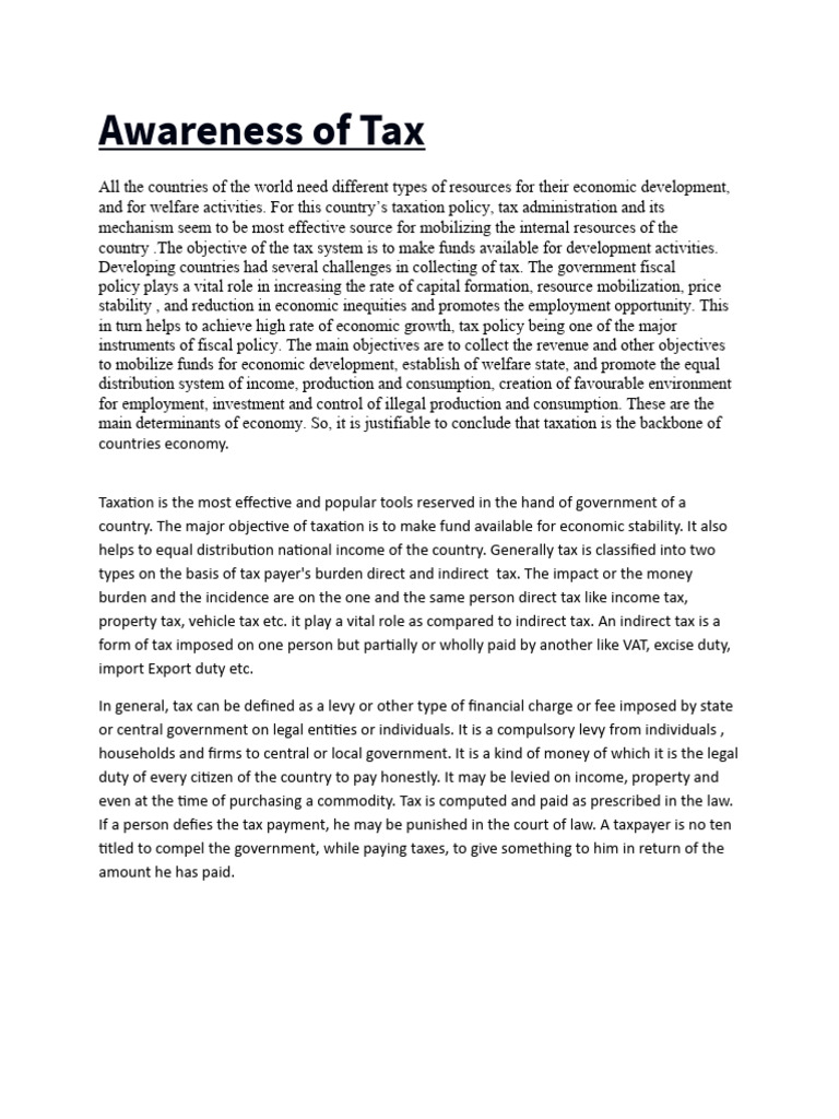 Awareness Of Tax Pdf Taxes Indirect Tax