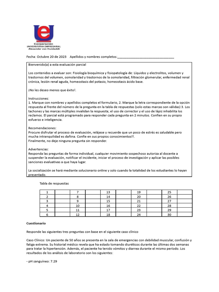 2023-2 Corte II Fisiol Bioquím Fisiopato IV Sem Parcial Solucionario | PDF | Potasio | Química