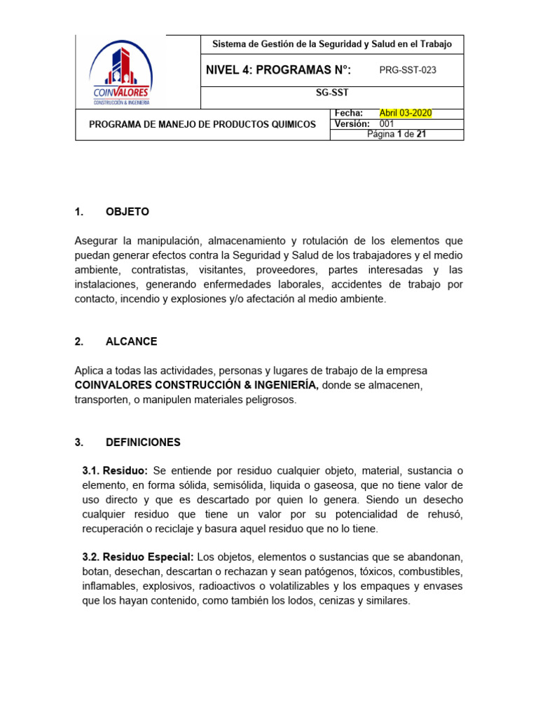 PRG-SST-023 PROGRAMA DE MANEJO DE PRODUCTOS QUIMICOS | Descargar gratis ...