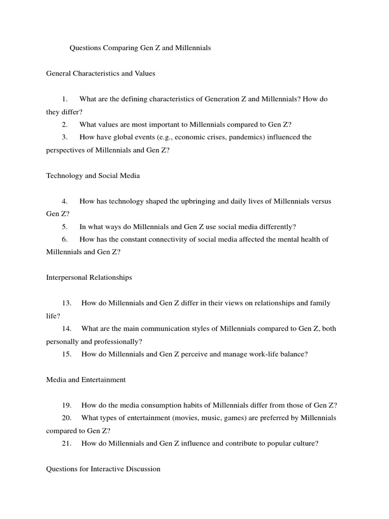 Questions Comparing Gen Z and Millennials | PDF | Social Science | Wellness
