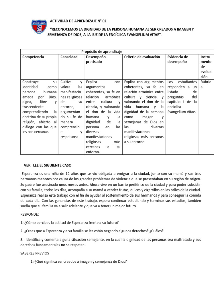 ACTIVIDAD DE APRENDIZAJE N°02 4° - Cuarta Unidad | PDF | Dignidad | Fe