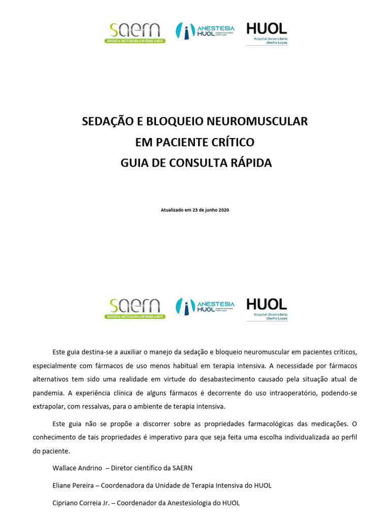 Sedação em Pacientes Críticos: Guia Rápido | PDF | Medicina Clínica