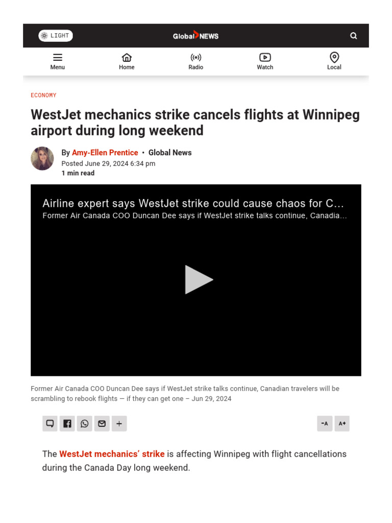 WestJet Mechanics Strike Cancels Flights at Winnipeg Airport During ...