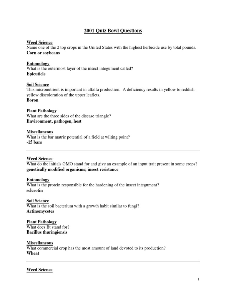 Quiz Bowl Sample Questions | PDF | Soil | Herbicide