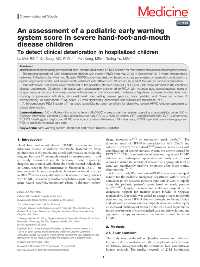 An Assessment of A Pediatric Early Warning HFMD | PDF | Medicine ...