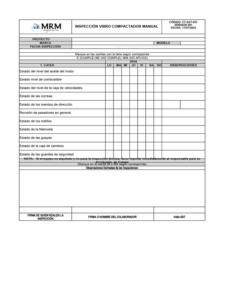 FT-SST-039 Preoperacional Vibrocompactador Manual | PDF