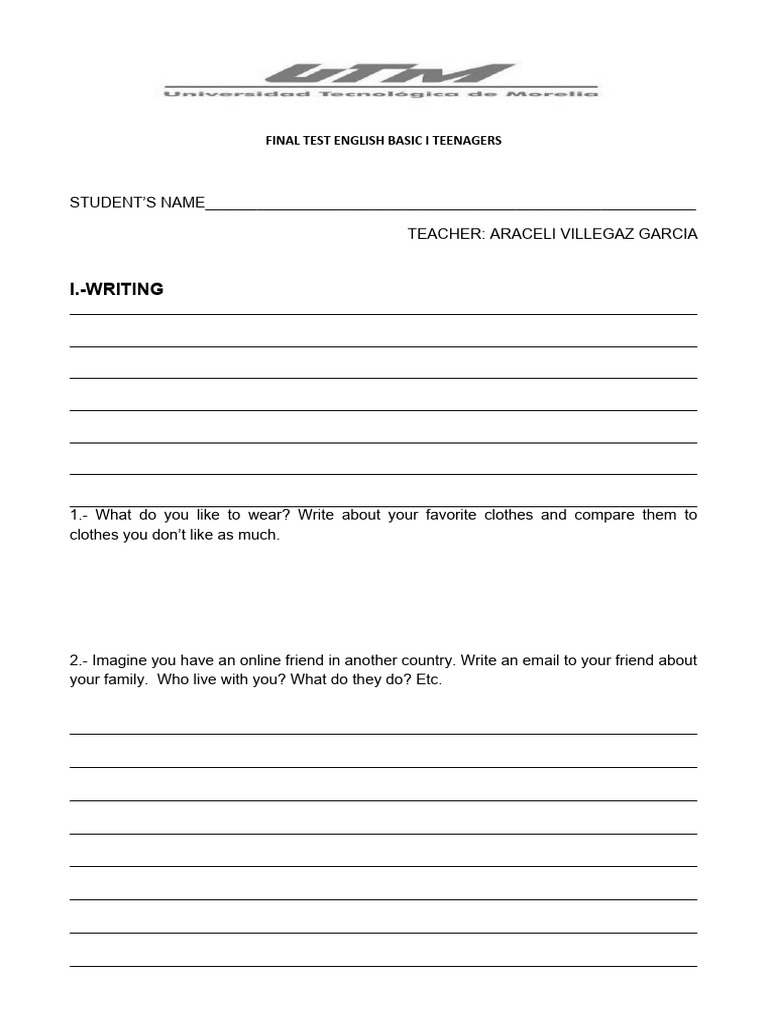 Basic English Test for Teenagers | PDF | Language Arts & Discipline ...