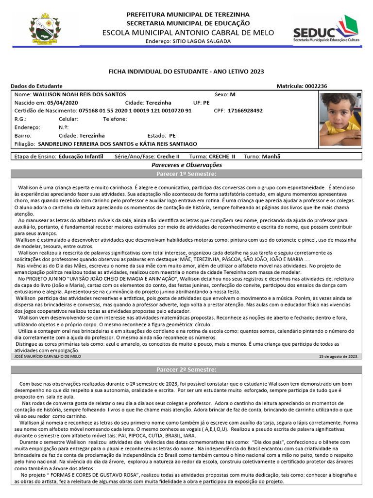 Fichaindividual - Wallison Noah Reis Dos Santos - 05jul104957 | PDF | Pré-escola | Cor