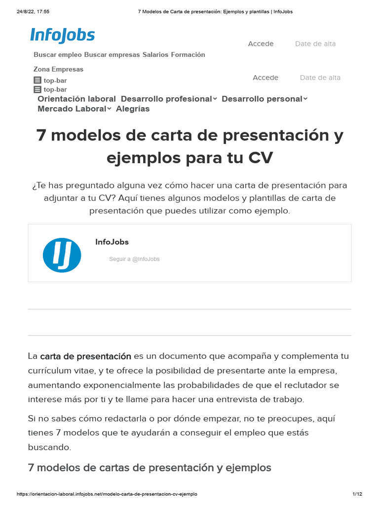 7 Modelos de Carta de Presentacion Ejemplos y Plantillas InfoJobs 1 | PDF | Gestión de recursos ...