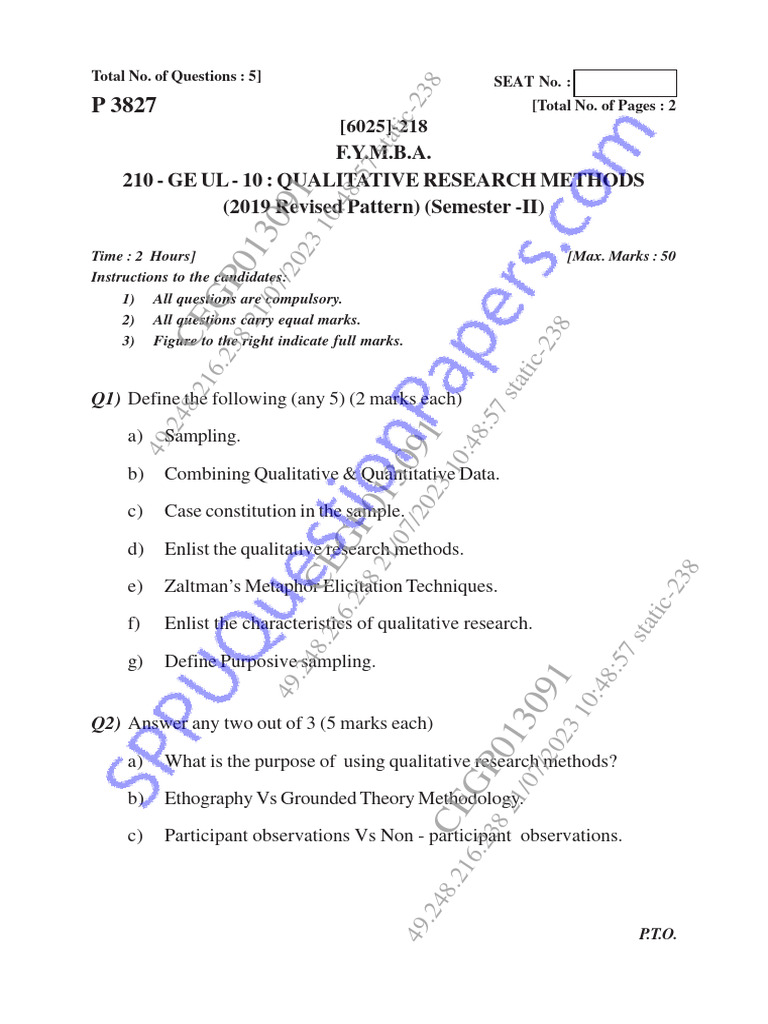 Postgraduate PG Mba Semester 2 2023 May Qualitative Research Methods Pattern 2019 | PDF ...