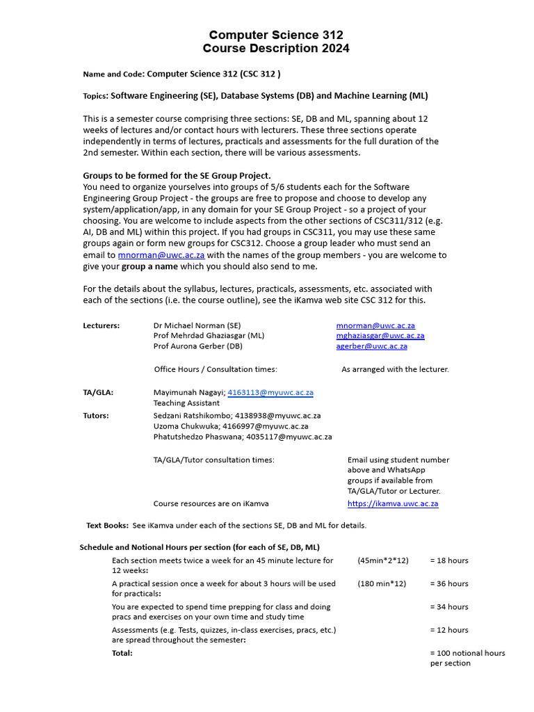 CSC 312 Course Description For 2024 As at 22 July 2024 | PDF | Databases | Application Software