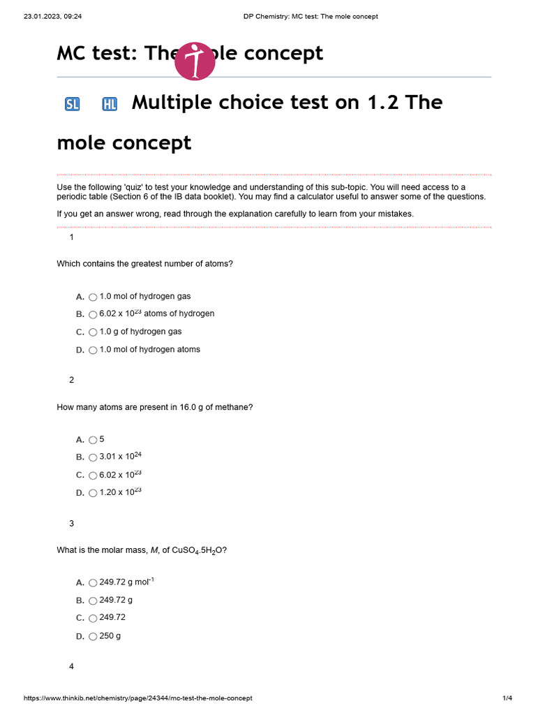 DP Chemistry - MC Test - The Mole Concept | PDF | Mole (Unit ...