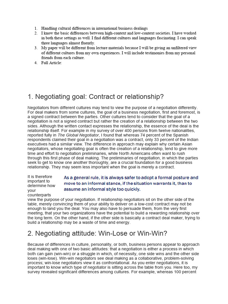 Handling Cultural Differences in International Business Dealings | PDF ...