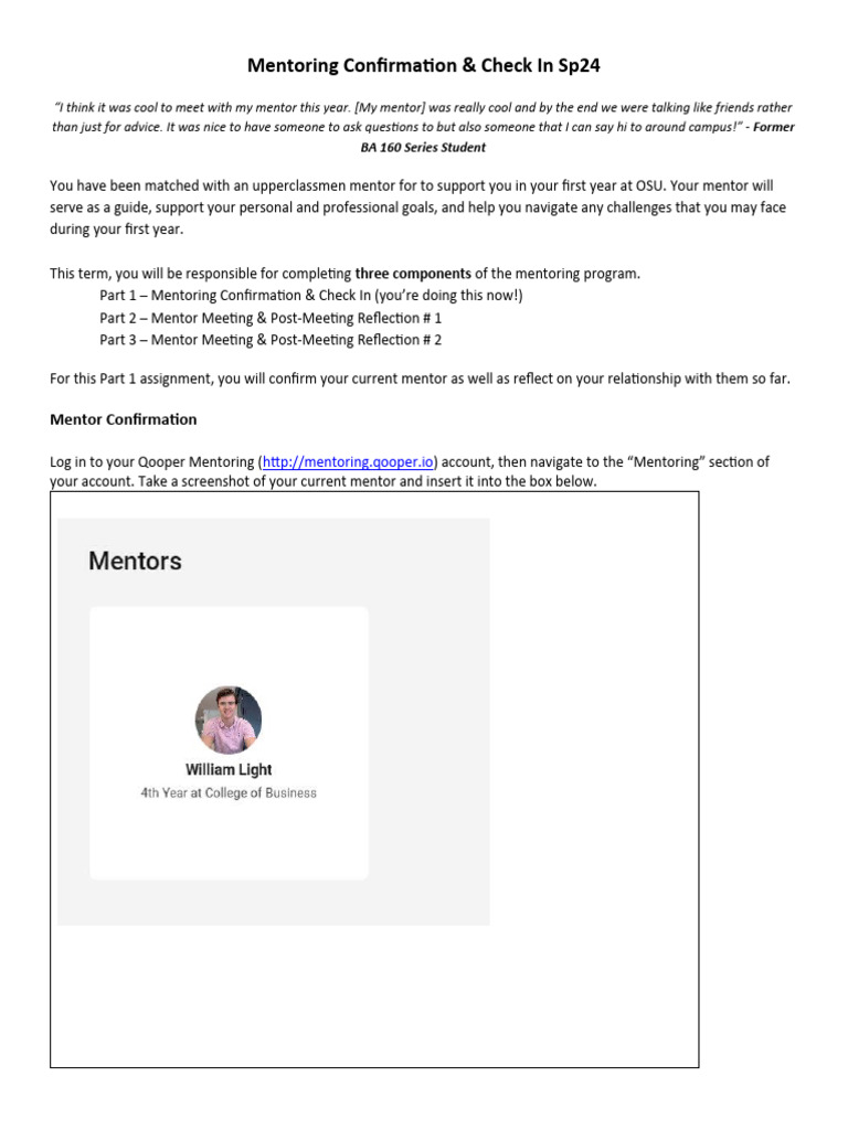 Sp24 Mentoring Confirmation & Check in E Campus (1) | PDF | Mentorship