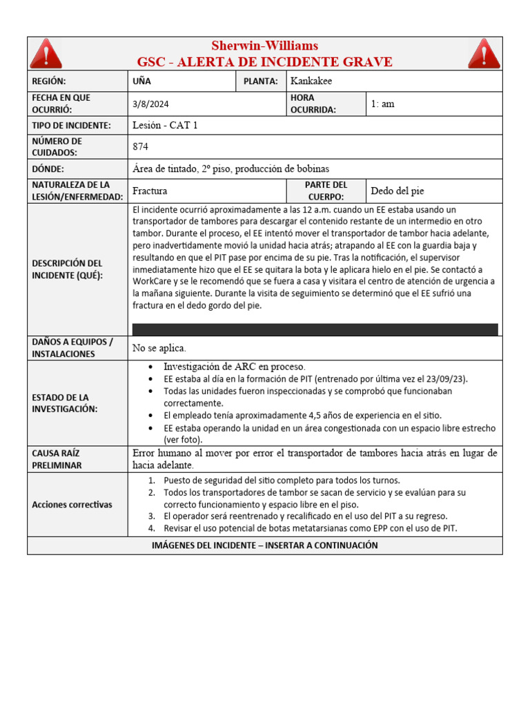 GSC Serious Incident Alert Form - NAIL KNK Level 1 PIT Foot Injury - SP ...