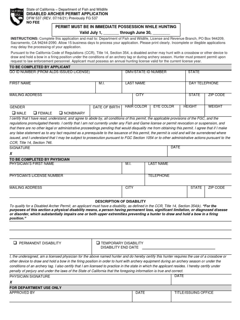 Disabled Archer Permit Application | PDF | Archery